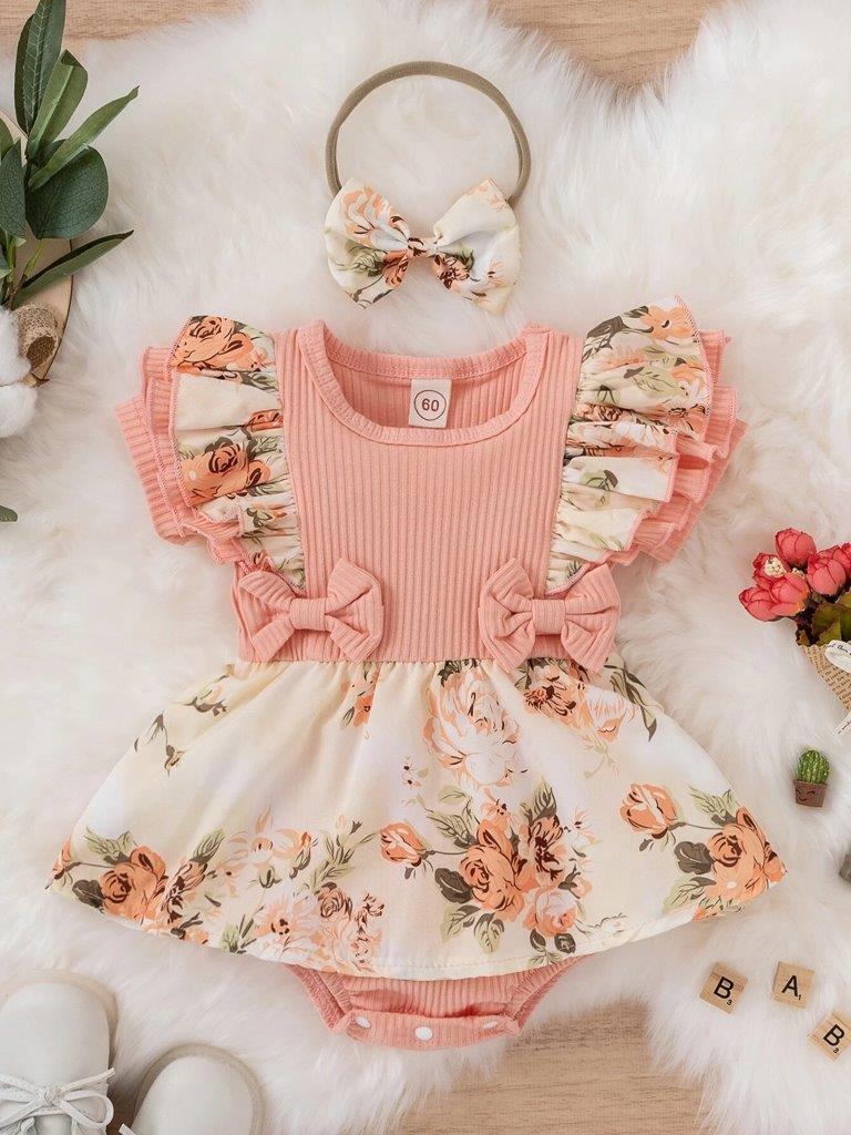 Poppi - Baby Floral Ruffle Bodysuit Dress With Headband