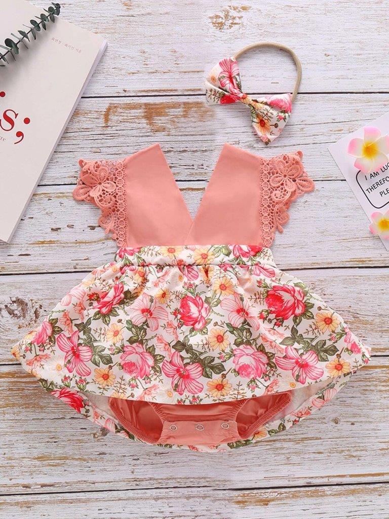Poppi - Baby Floral Lace Bodysuit Dress Set