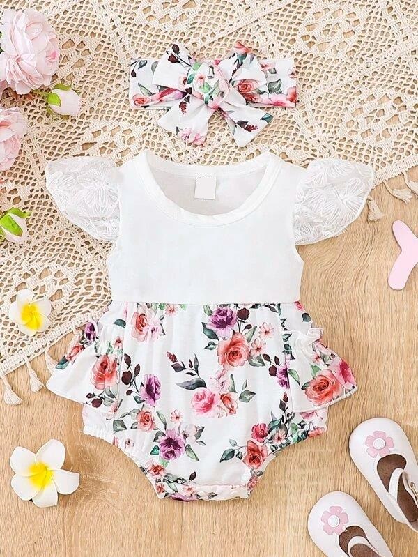 Poppi - Baby Floral Ruffle Sleeve Bodysuit Set