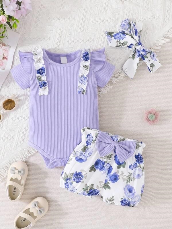 Poppi - Baby 3 Piece Ruffle Trim Bodysuit Set