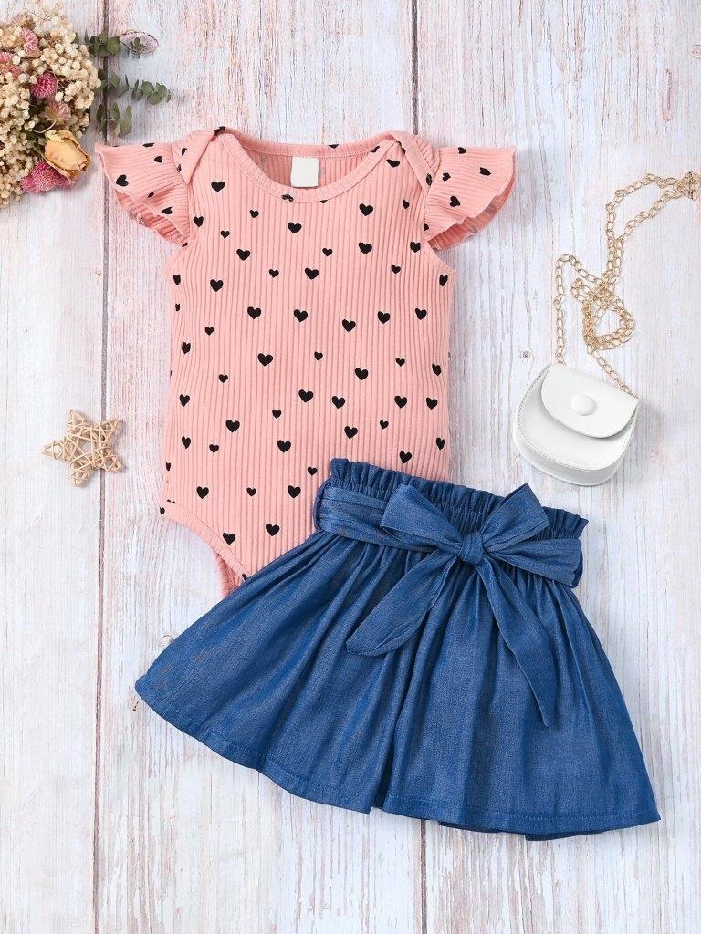Poppi - Baby Heart Ruffle Bodysuit And Skirt Set