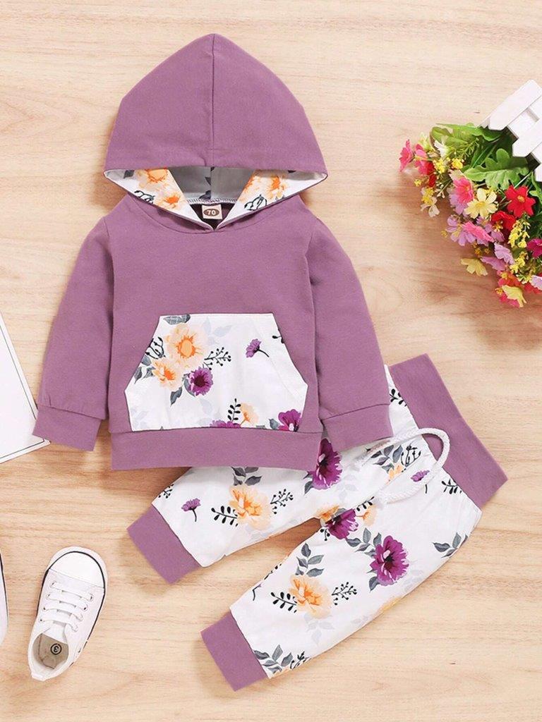 Poppi - Baby Purple Floral Print Pocket Hoodie Set