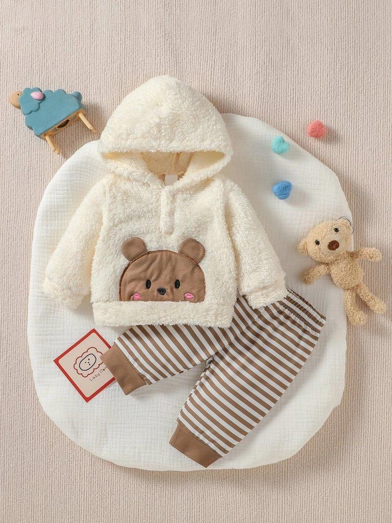 Poppi - Baby Cartoon Flannel Hoodie And Pants Set