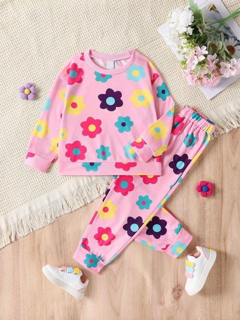 Poppi - Toddler Girls Flower Print Sweatshirt And Pants Set