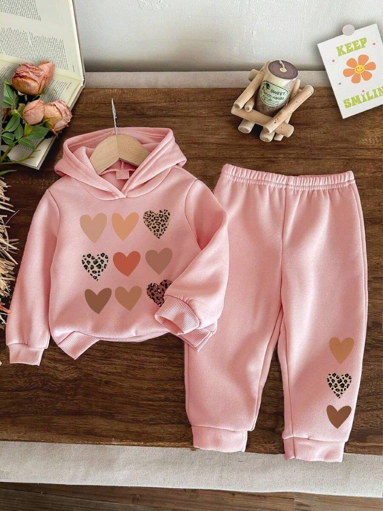 Poppi - Baby Heart Print Sweatshirt And Pants Set Pink