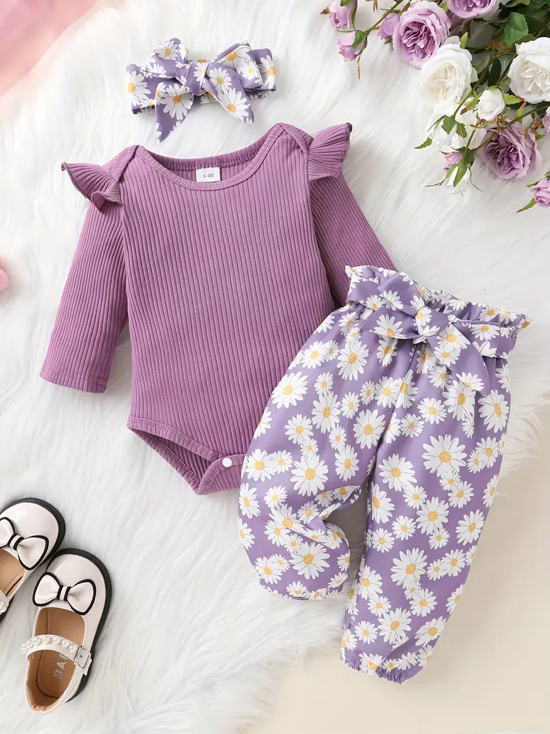 Poppi - Baby Purple Ruffle Bodysuit And Pants Set