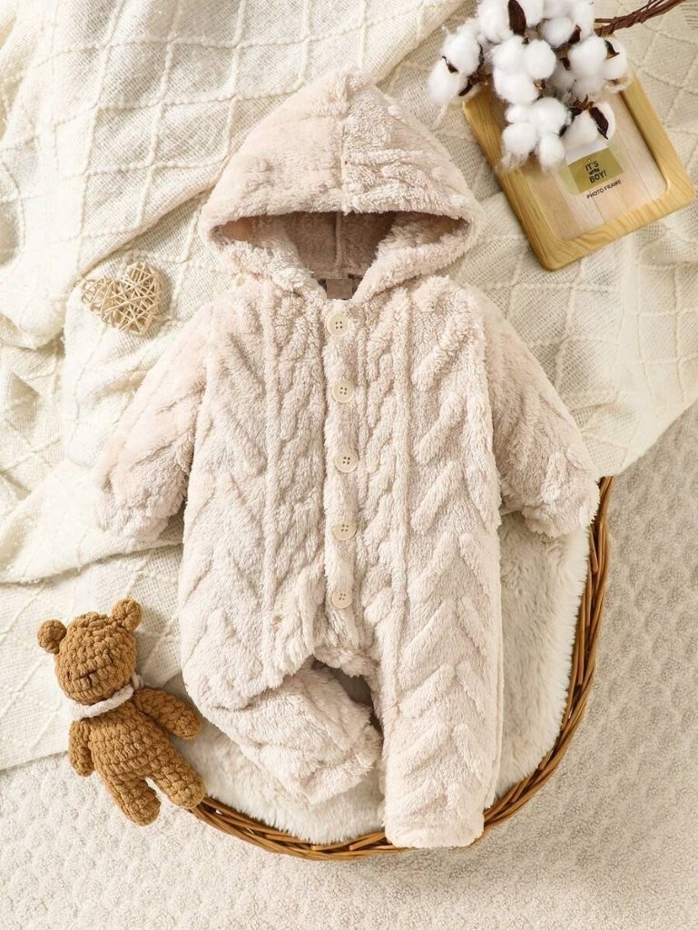 Poppi - Baby Buttoned Hooded Fluffy Jumpsuit Apricot