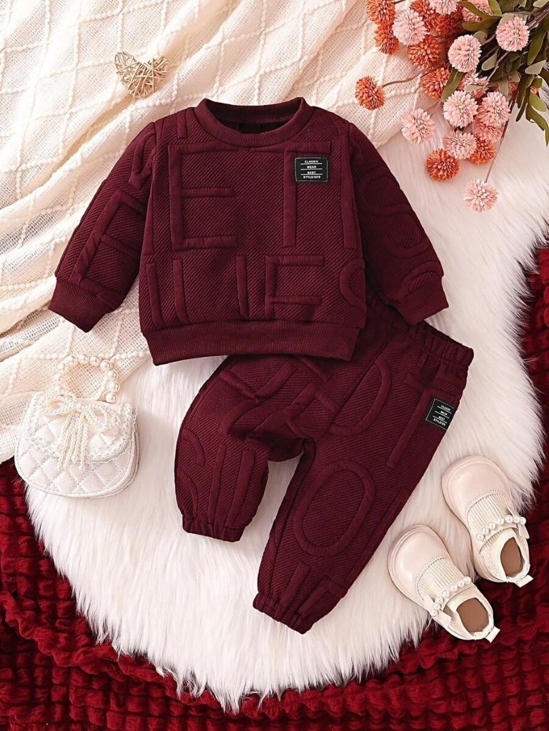 Poppi - Baby Letter Embossed Sweatshirt And Pants Set Burgundy
