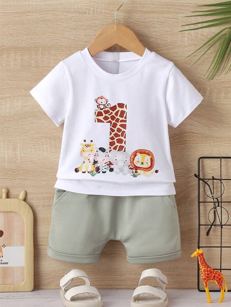 Poppi - Baby Cartoon Animals One Year Old Birthday Outfit